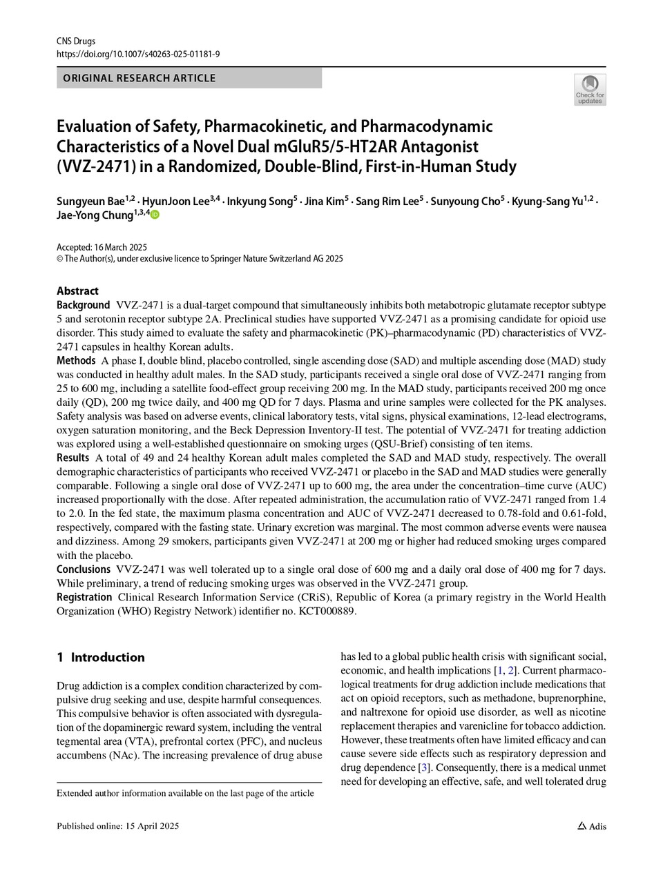 비보존, 경구용 약물중독 치료제 ‘VVZ-2471’ 1상 결과 국제학술지 게재